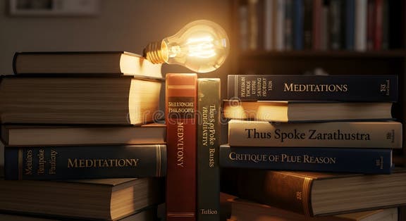 Stack of Classic Philosophy Books Illuminated by a Glowing Incandescent ...