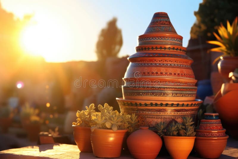 Stack of Clay Pots with Sun Flare in Background Stock Image - Image of ...