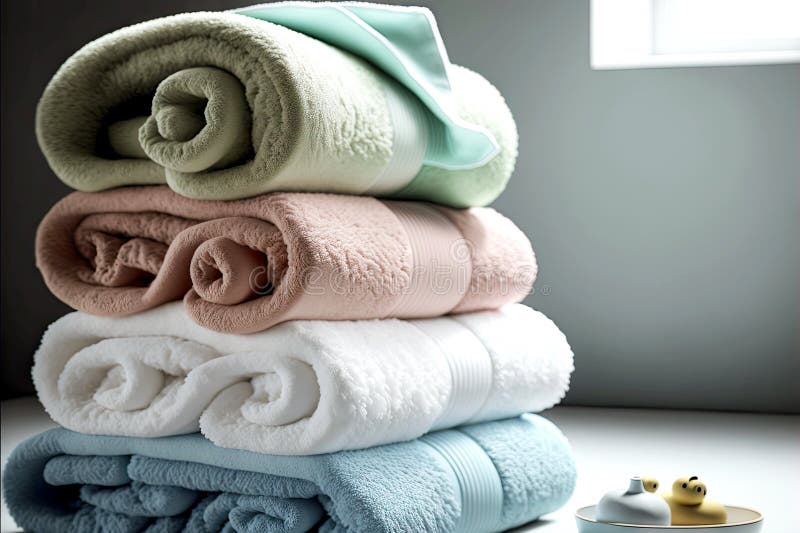 Stack Clean Bath Towels Made of Bright Fluffy Textiles in Laundry Room ...