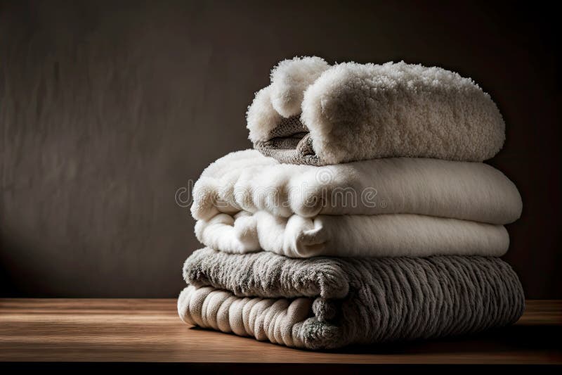 Stack Clean Bath Towels Made of Fluffy Fabric on Dark Wooden Table ...