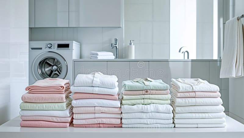 Stack of Clean Clothes in the Background Washing Machine Stock ...