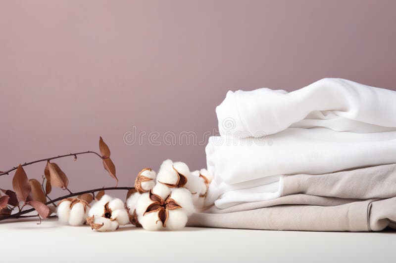 Stack of Clean Clothes, Cotton Flowers and Branches on a Pink ...