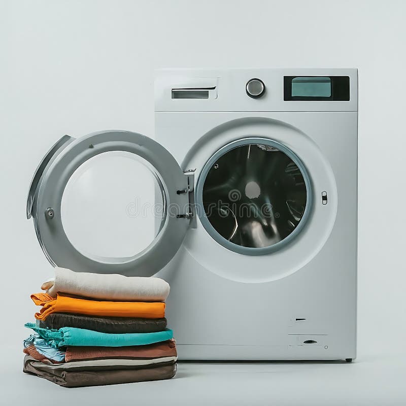 Stack of Clean Clothes with Washing Machine on White Background Stock ...