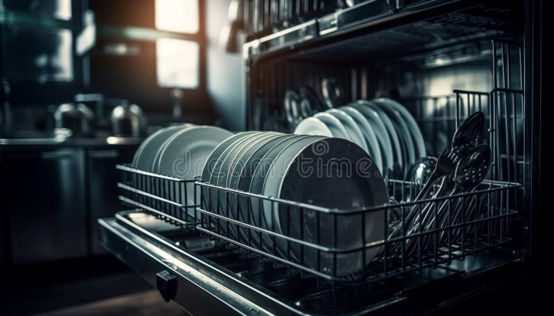 Stack of Clean Crockery in Modern Dishwasher Generated by AI Stock ...