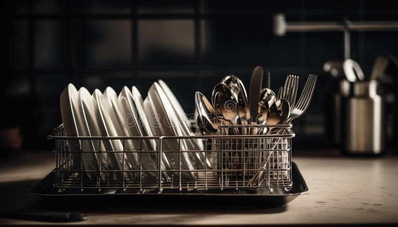Stack of Clean Crockery and Silverware in Modern Kitchen Dishwasher ...