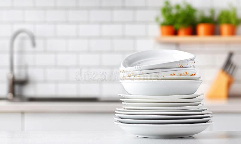 Stack of Clean and Dirty White Plates on a Kitchen Counter Stock ...