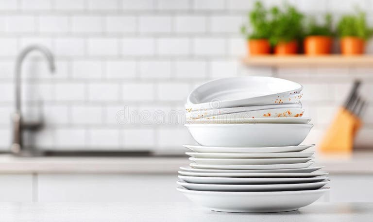Stack of Clean and Dirty White Plates on a Kitchen Counter Stock ...
