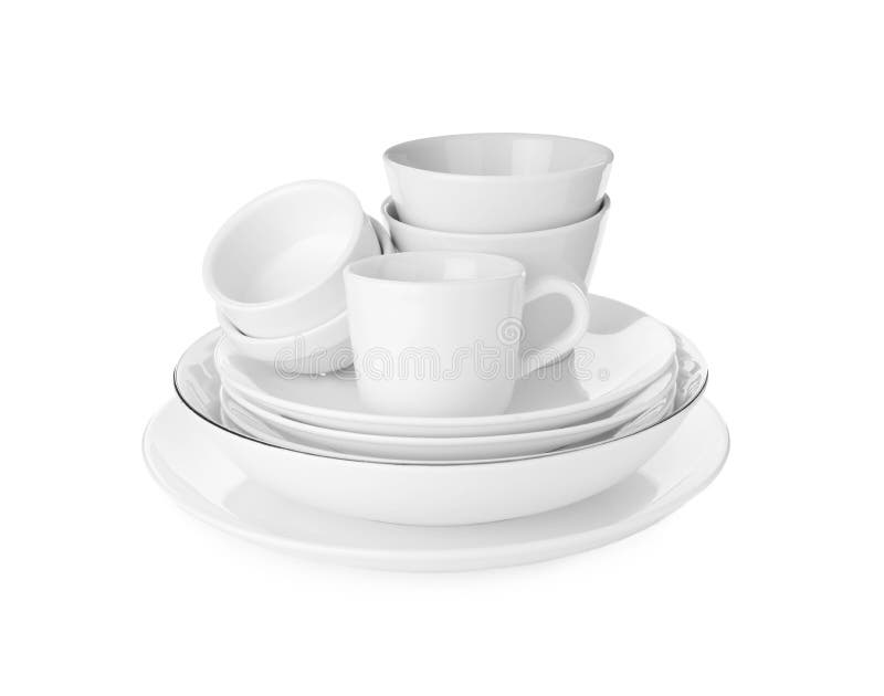 Stack of Clean Dishware Isolated on White Stock Image - Image of clear ...