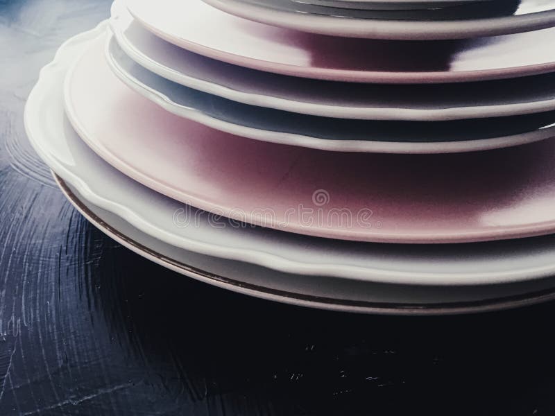 Stack Of Clean Empty Plates On Black Background, Dishware And Table ...