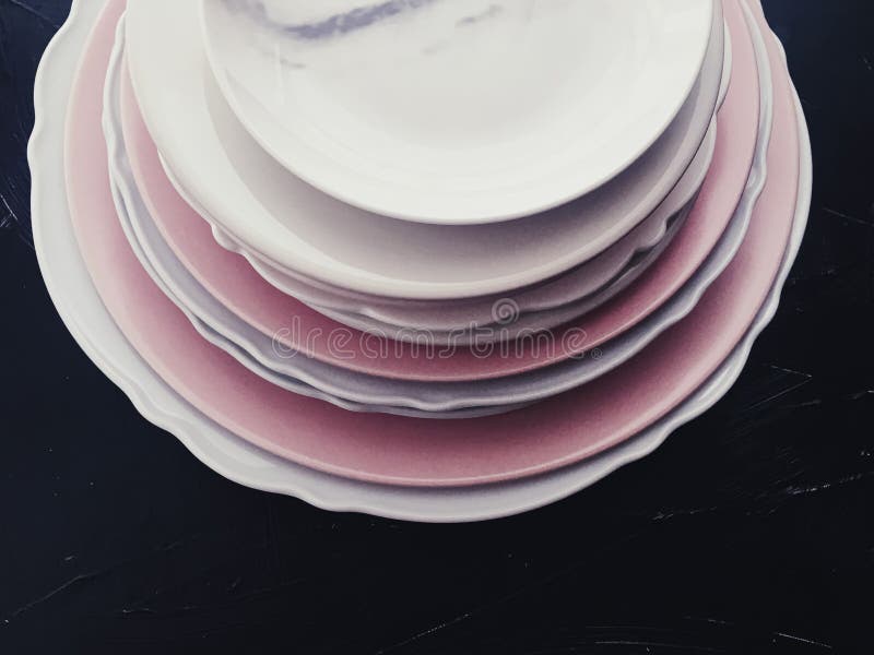 Stack of Clean Empty Plates on Black Background, Dishware and Table ...