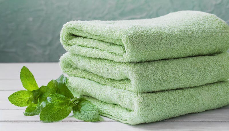 Stack of Clean Fluffy Pastel Green Towels Folded on Table Stock ...