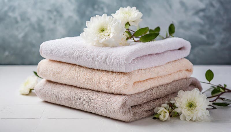 Stack of Clean Fluffy Towels Folded on White Table. Fresh Smelling ...