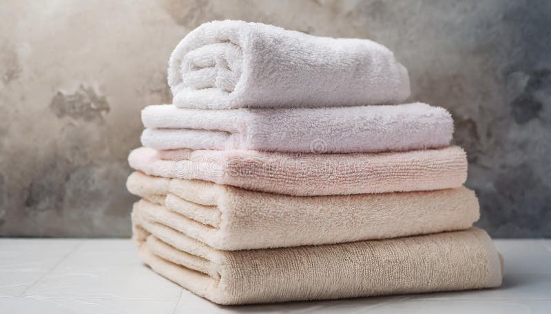 Stack of Clean Fluffy Towels Folded on White Table Stock Illustration ...