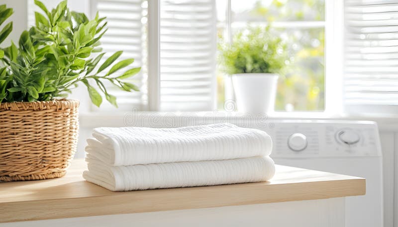 Stack of Clean Folded Laundry Bedding Sheets on Wooden Table in Blurred ...