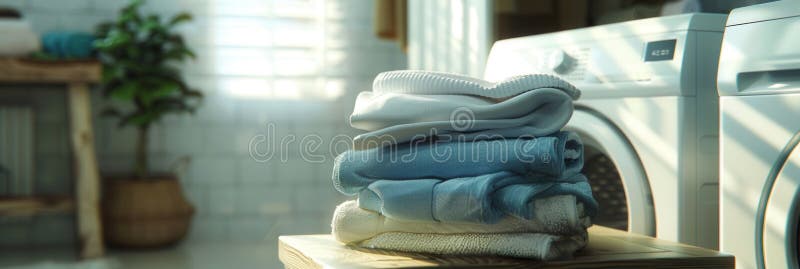 A Stack of Clean, Folded Laundry Sits on a Wooden Surface Next To a ...