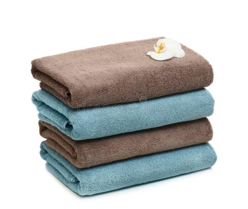 Stack of Clean Folded Towels with Flower Stock Photo - Image of bath ...