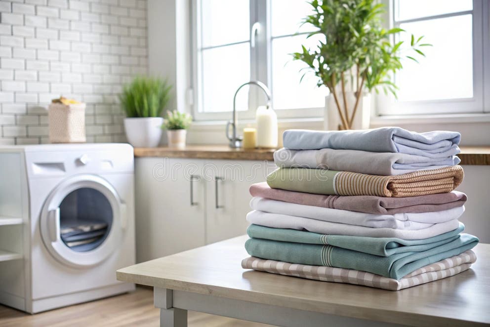 Stack of Clean Laundry Bedding Sheets on Table in Bathroom Stock Illustration - Illustration of ...