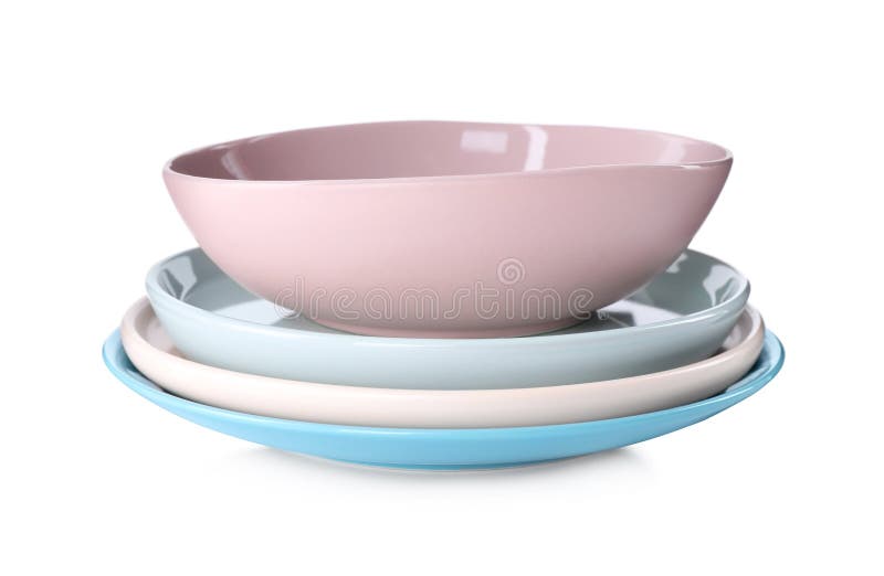 Stack of Clean Plates and Bowl on White Background Stock Photo - Image ...