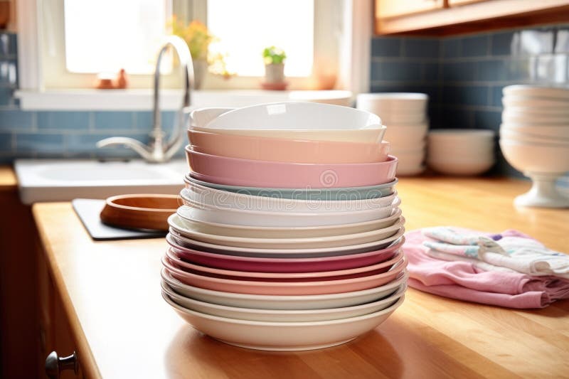 Stack of Clean Plates and Bowls on a Countertop Stock Illustration ...
