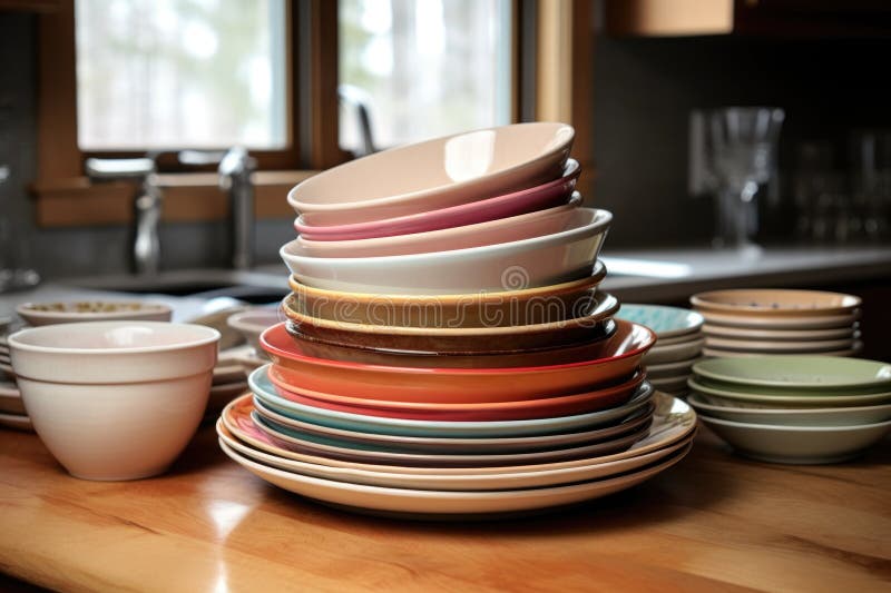 Stack of Clean Plates and Bowls on a Countertop Stock Illustration ...
