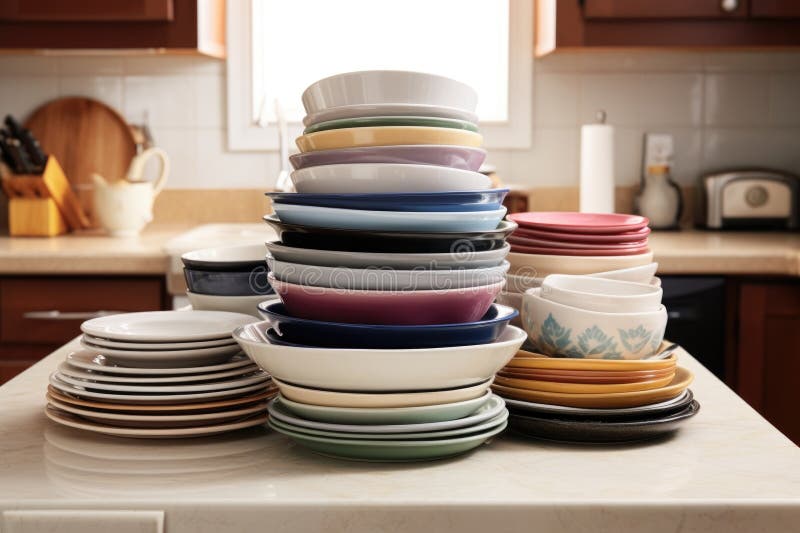 Stack of Clean Plates and Bowls on a Countertop Stock Image - Image of ...