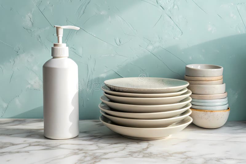 Stack of Clean Plates, Bowls and Soap Dispenser on Marble Countertop ...