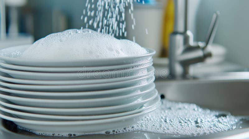 Stack of Clean Plates with Soap Suds in a Kitchen Sink, AI Stock Photo ...