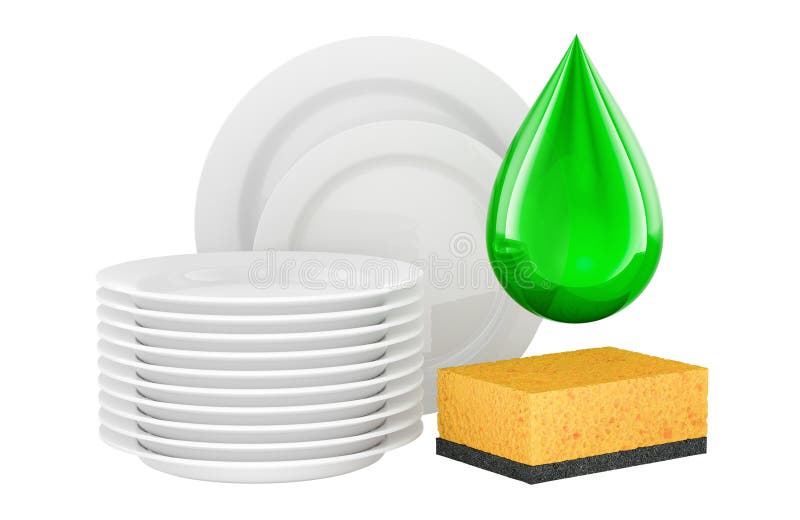 Stack of Clean Plates, Sponge and Drop of Dishwashing Detergent, 3D ...