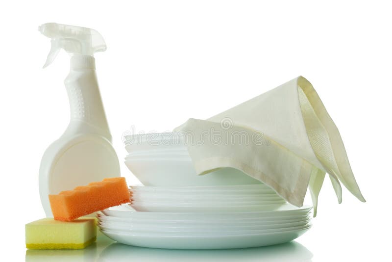 Stack of Clean Plates, Detergent, Sponge and Gloves Isolated on White ...