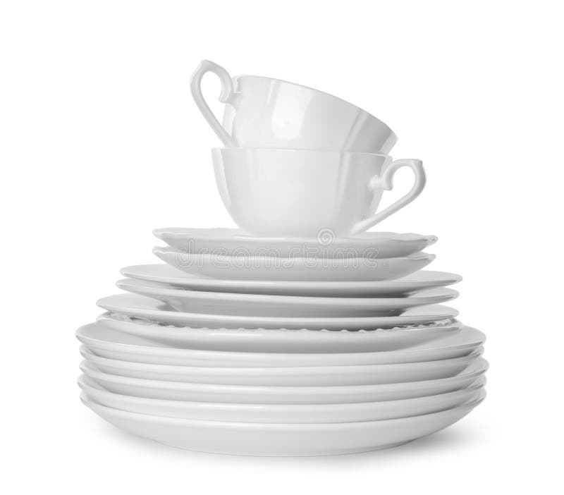 Stack of Clean Dishes on Grey Table, Top View. Space for Text Stock ...