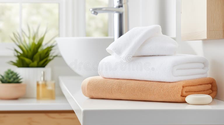 A Stack of Clean, Towels Folded on a Bathroom Shelf Stock Photo - Image ...