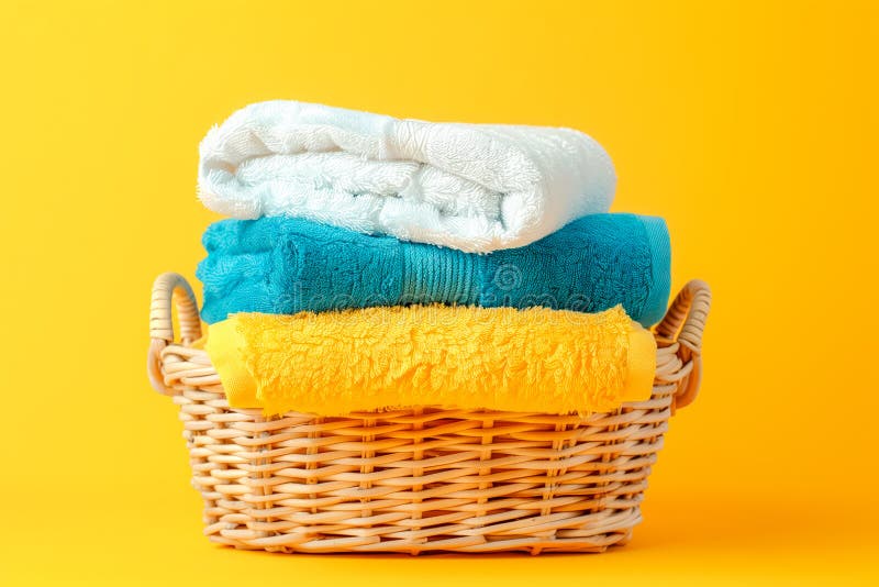 Stack of Clean Towels in Laundry Wicker Basket on Yellow Background ...