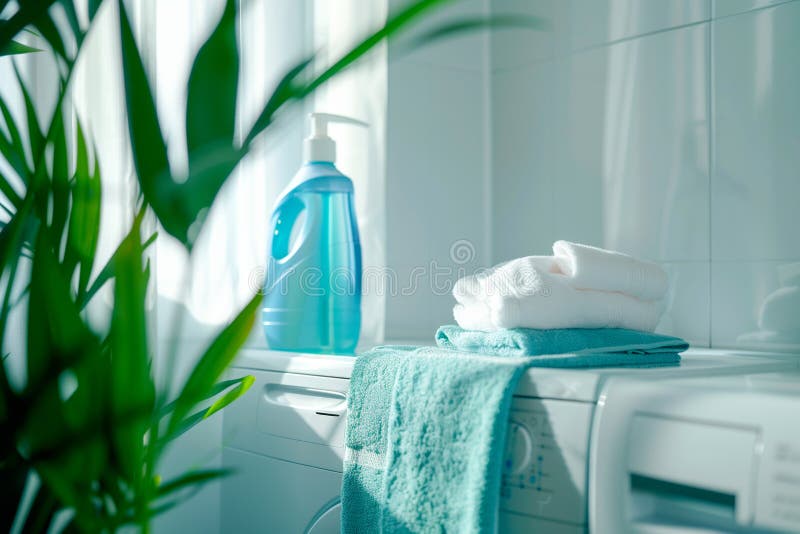 Stack of Clean Towels on Modern Washing Machine with Blurred Background ...