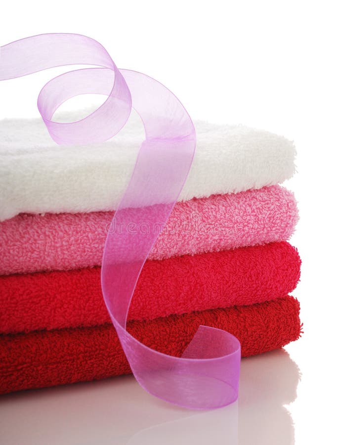 Stack of Clean Towels and Pink Ribbon Stock Image - Image of neat ...