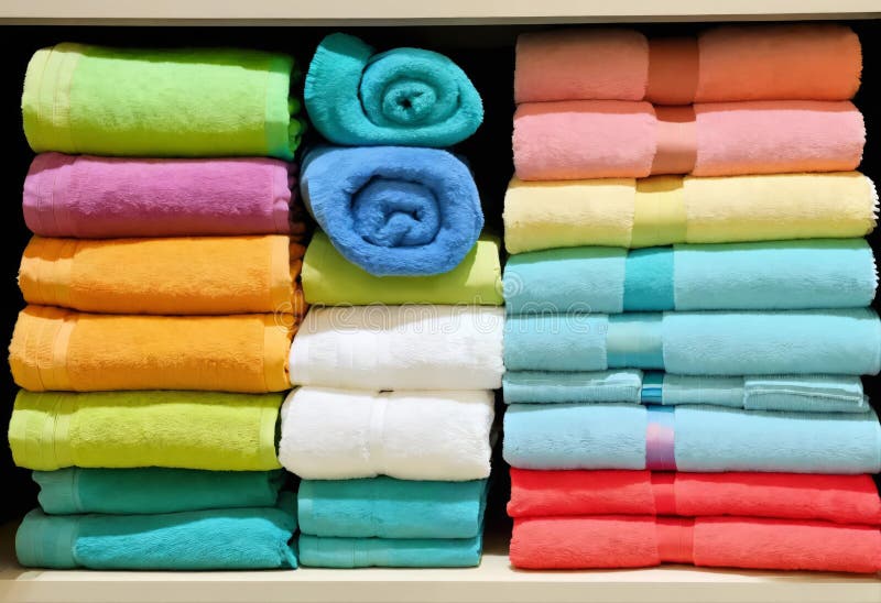Stack of Clean Towels on a Shelf in a Closet. Theme of Hygiene and ...