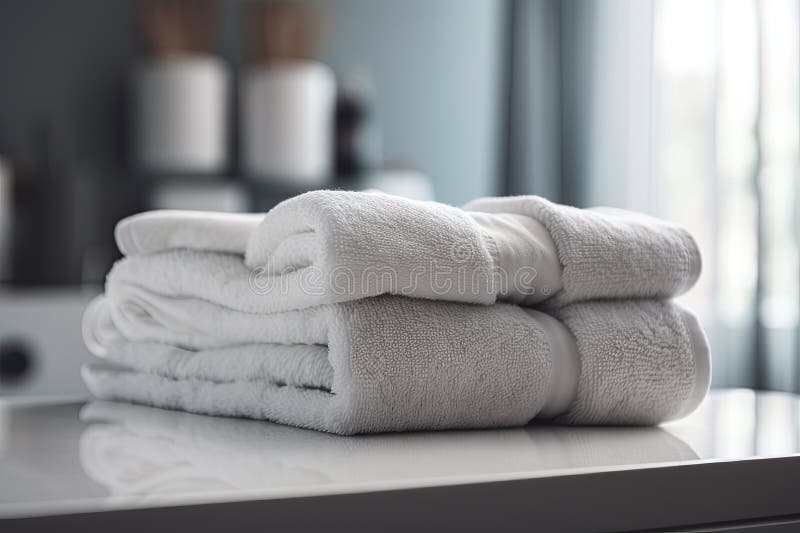Stack of Clean Towels on Table in Bathroom. Mockup for Design Stock ...