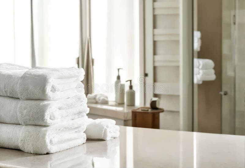 Stack of Clean Towels on the Table in the Bathroom.Theme of Hygiene and ...