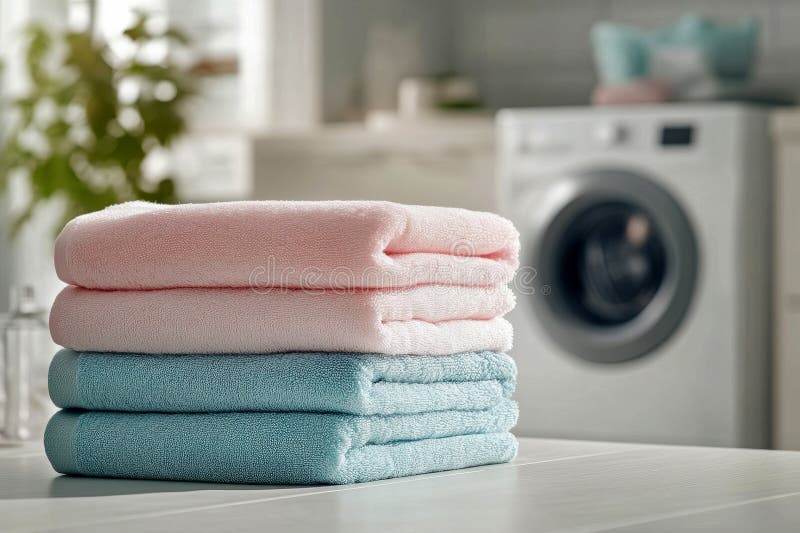 Stack of Clean Towels on a Table in a Bright, Modern Laundry Room with ...