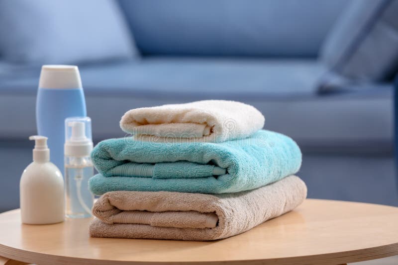 Stack of Clean Towels and Toiletries Stock Image - Image of closeup ...