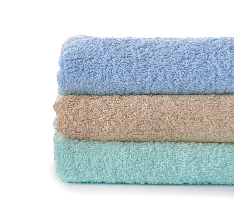 Stack of Clean Towels on White Background, Closeup Stock Image - Image ...