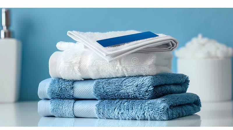 Stack of Clean Towels on a White Table in Front of a Blue Wall ...