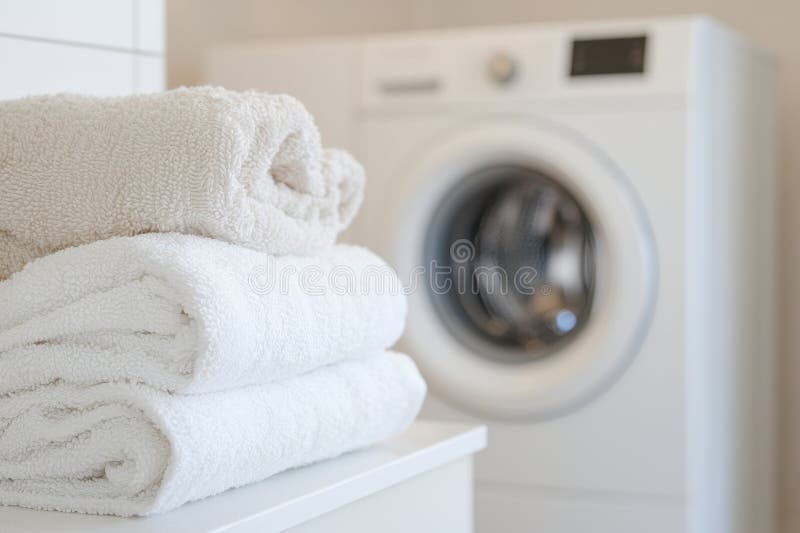 Stack Clean White Beige Towels Countertop Washing Machine Background ...