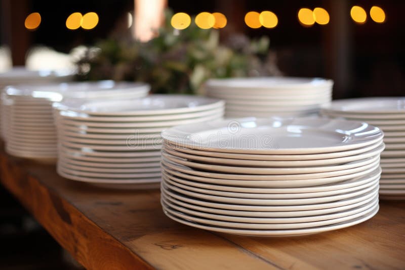 A Stack of Clean White Plates on a Buffet Table Stock Photo - Image of ...