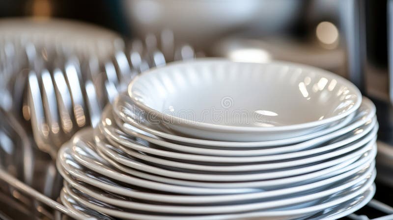 Stack of Clean White Plates in Dishwasher Modern Kitchen Appliance for ...