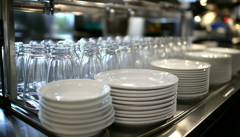 Stack of Clean White Plates and Glasses in Commercial Kitchen ...