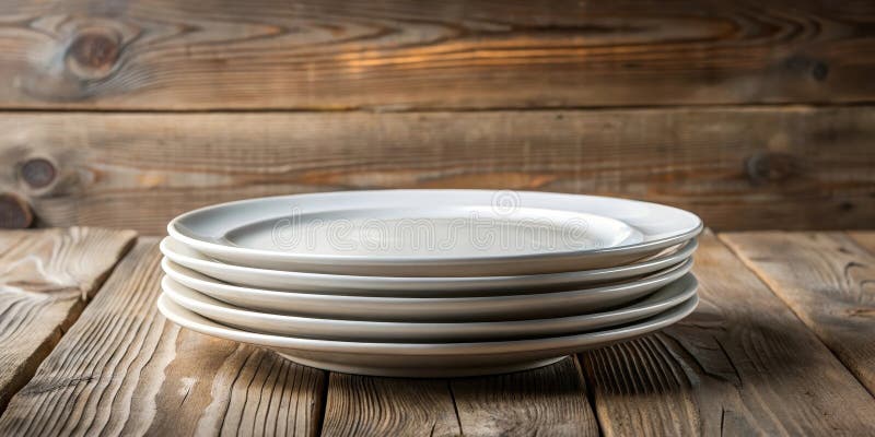 Stack of Clean White Plates on Rustic Wooden Table. Generative AI Stock ...
