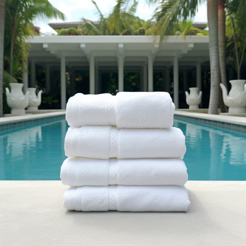 Stack of Clean White Towels Next To the Pool of a Hotel with Towel and ...