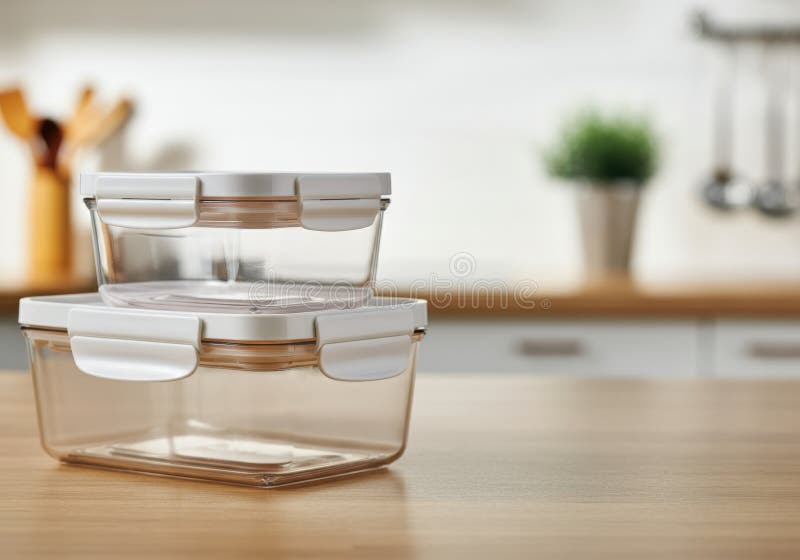 Stack of Clear Food Storage Containers on a Kitchen Countertop Stock ...