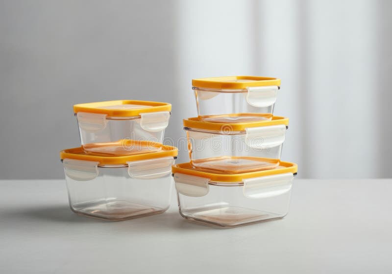 Stack of Clear Food Storage Containers with Yellow Lids on a Light ...