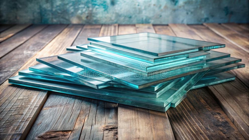 Stack of Clear Glass Sheets on Rustic Wooden Surface, Ready for Fabrication or Design Projects ...